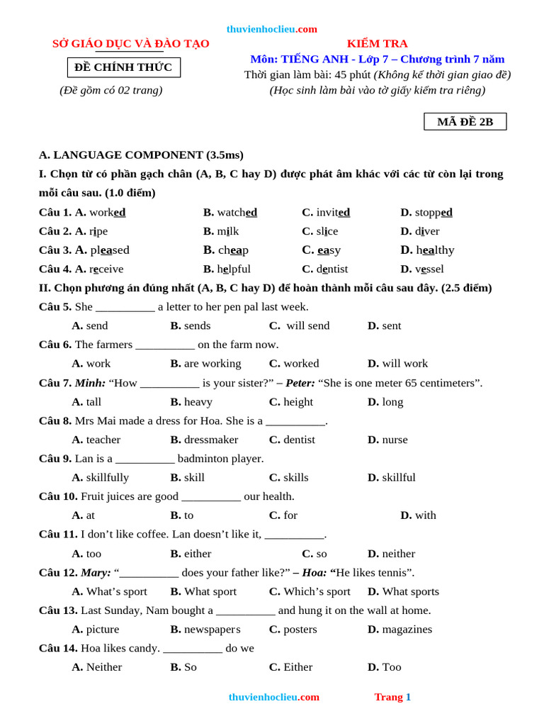 De Thi HK2 Quang Nam 2020 2021 Co Dap An | PDF