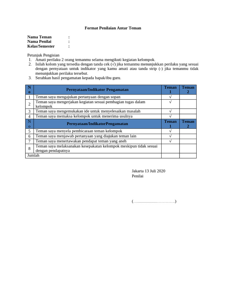 Format Penilaian Antar Teman | PDF