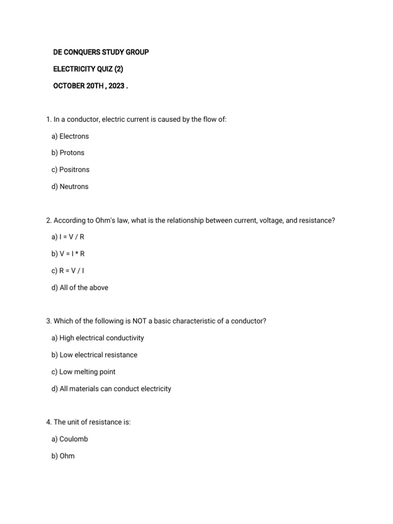 ELECTRICITY QUIZ (2) | PDF | Electrical Resistance And Conductance ...