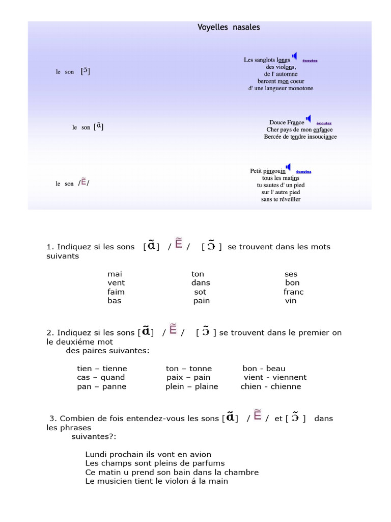 Exercices sur les voyelles nasales | PDF