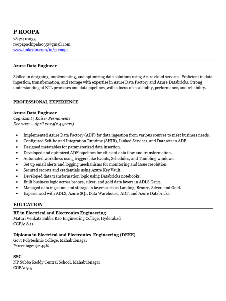 Azure Data Engineer Profile and Skills | PDF