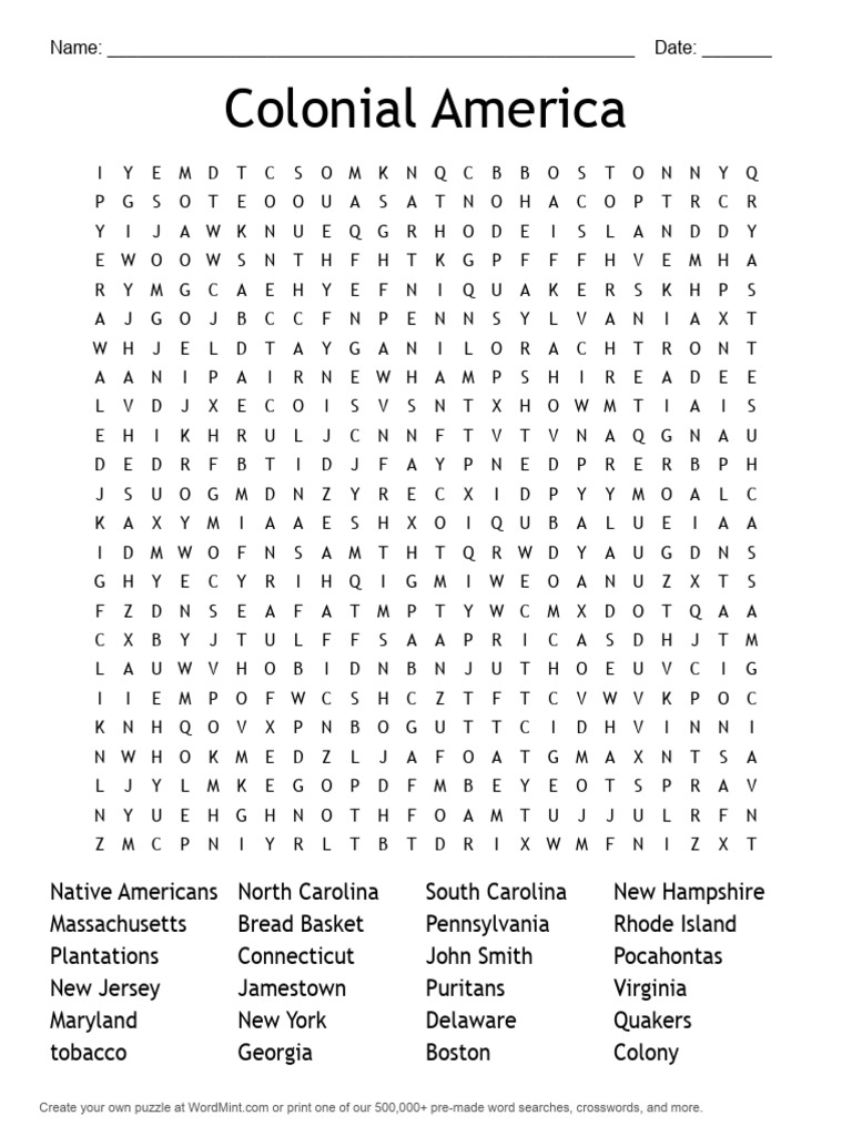 Colonial America Word Search | PDF | English Emigration | British ...