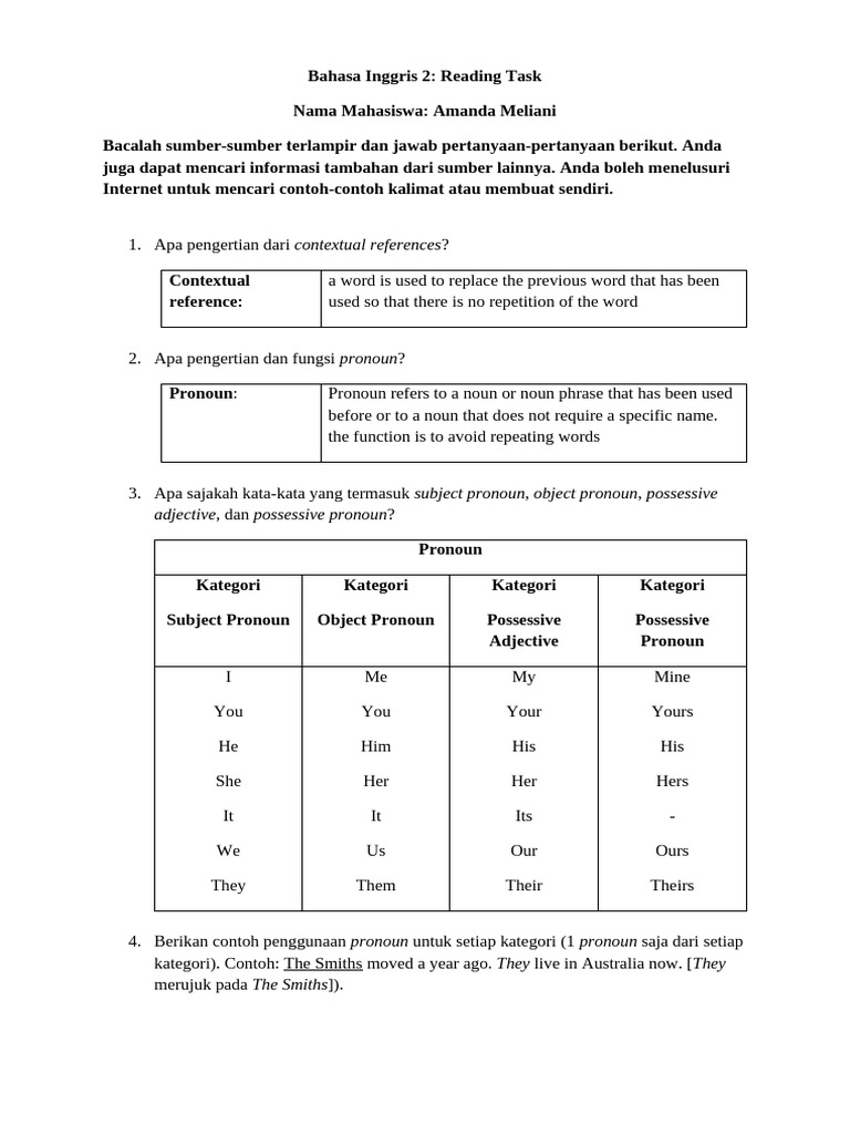 Bahasa Inggris 2 Contextual Reference Amanda Meliani | PDF | Pronoun | Noun