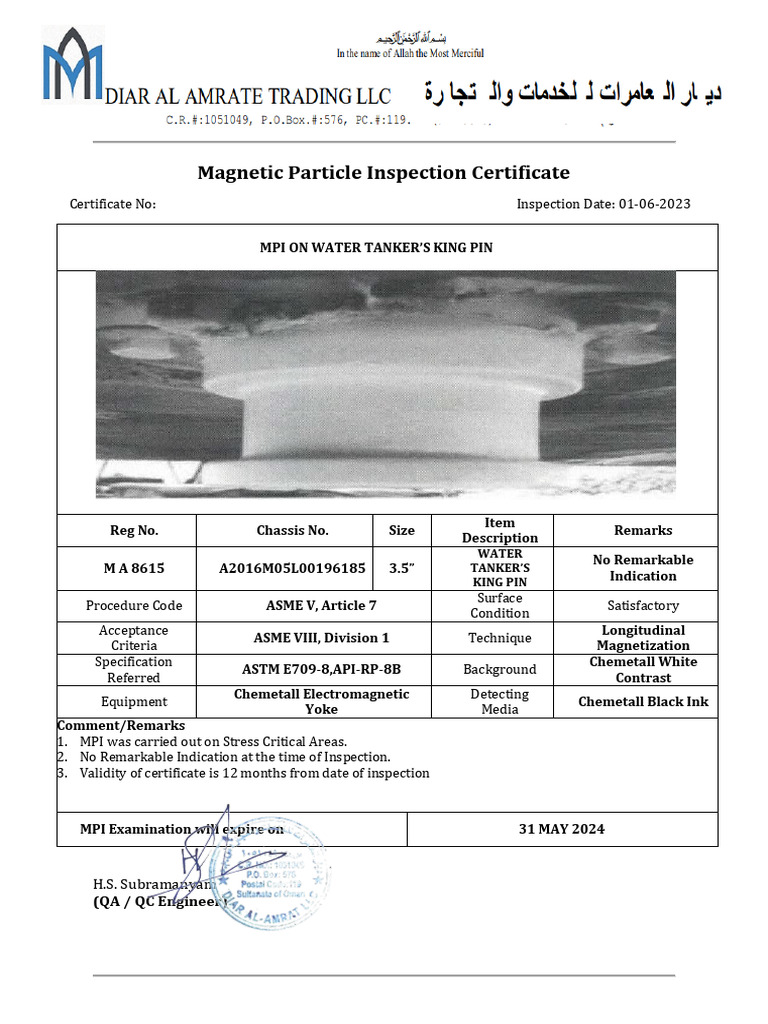 MPI Certificate for Water Tanker's King Pin | PDF