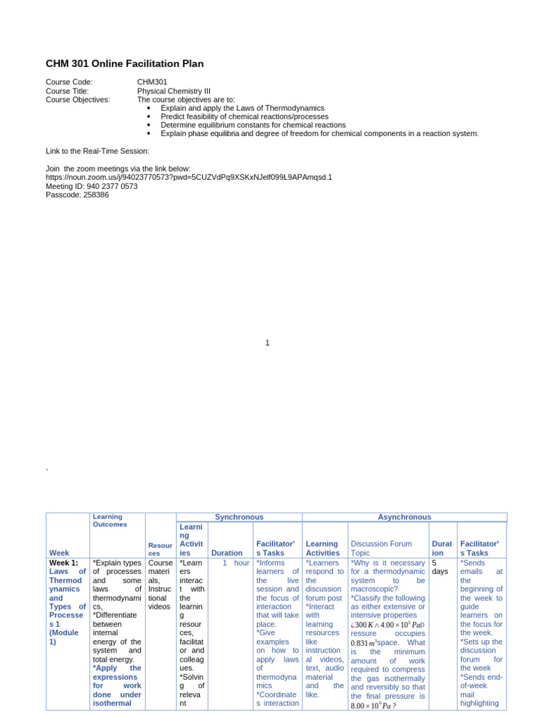 CHM 301 Online Facilitation Plan | PDF | Learning | Chemical Equilibrium