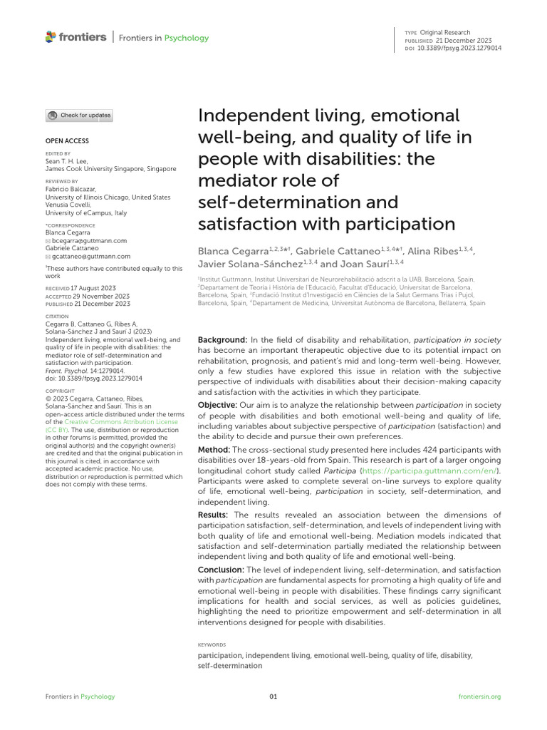 Quality of Life PWD Self Determination | PDF | Well Being | Disability