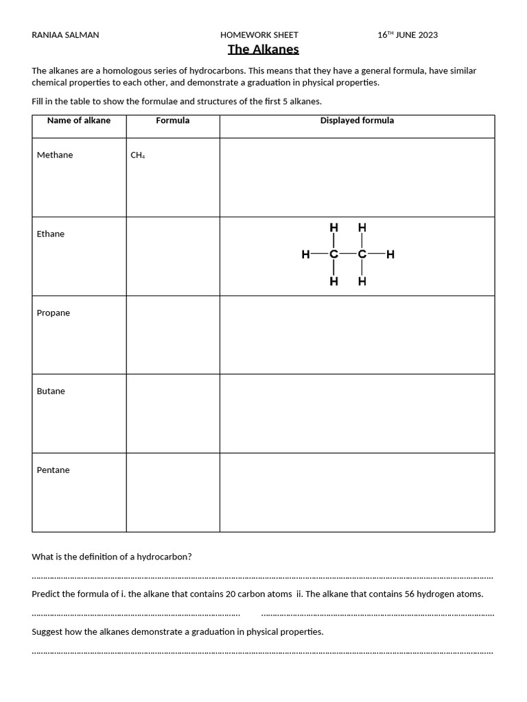 Alkanes-Table HOMEWORK SHEET | PDF