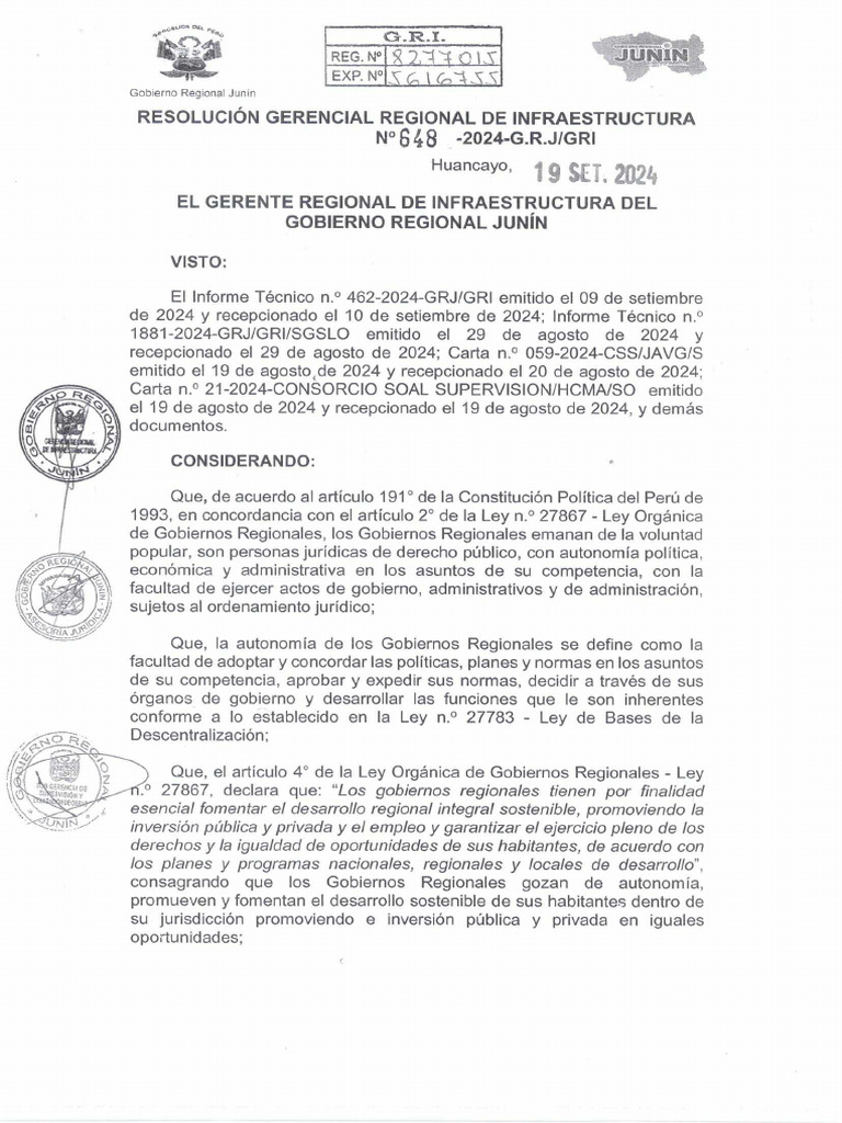 Resoluci n Gerencial Regional de Infraestructura N 648-2024-GR-JUNIN GRI | PDF