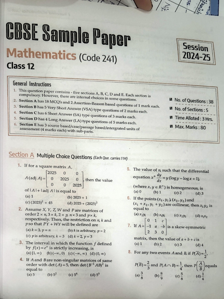 Class 12 Mathematics Sample Paper 2024-25 | PDF | Matrix (Mathematics ...