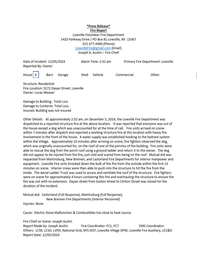 Lowville Fire Department - Press Release - Dayan Street - 12.5.2024 ...