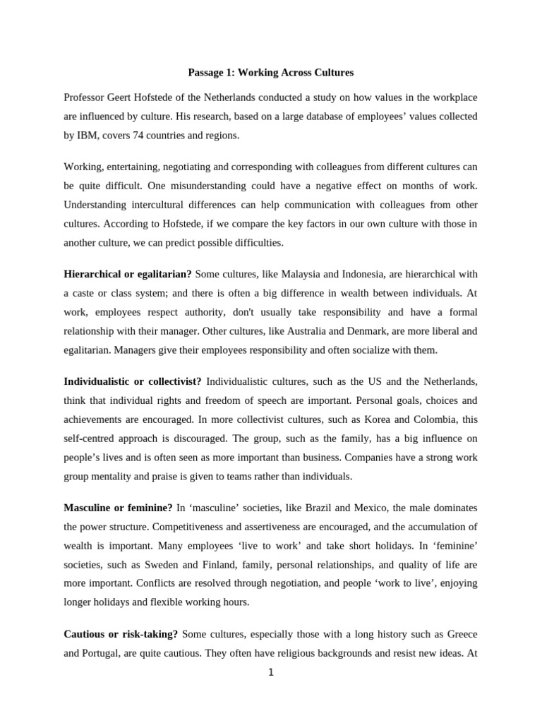 Working Across Cultures - 10 Reading Passages and Guidelines | PDF ...