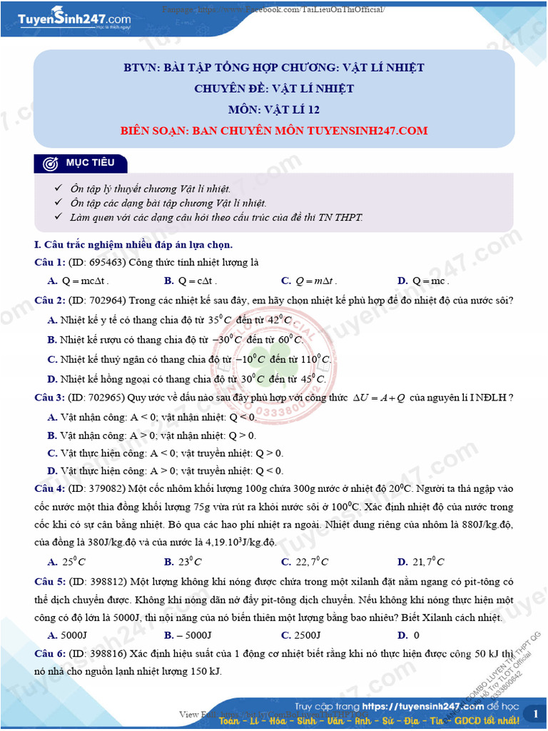 De Thi BTVN Bai Tap Tong Hop Chuong Vat Li Nhiet 1717492111 | PDF