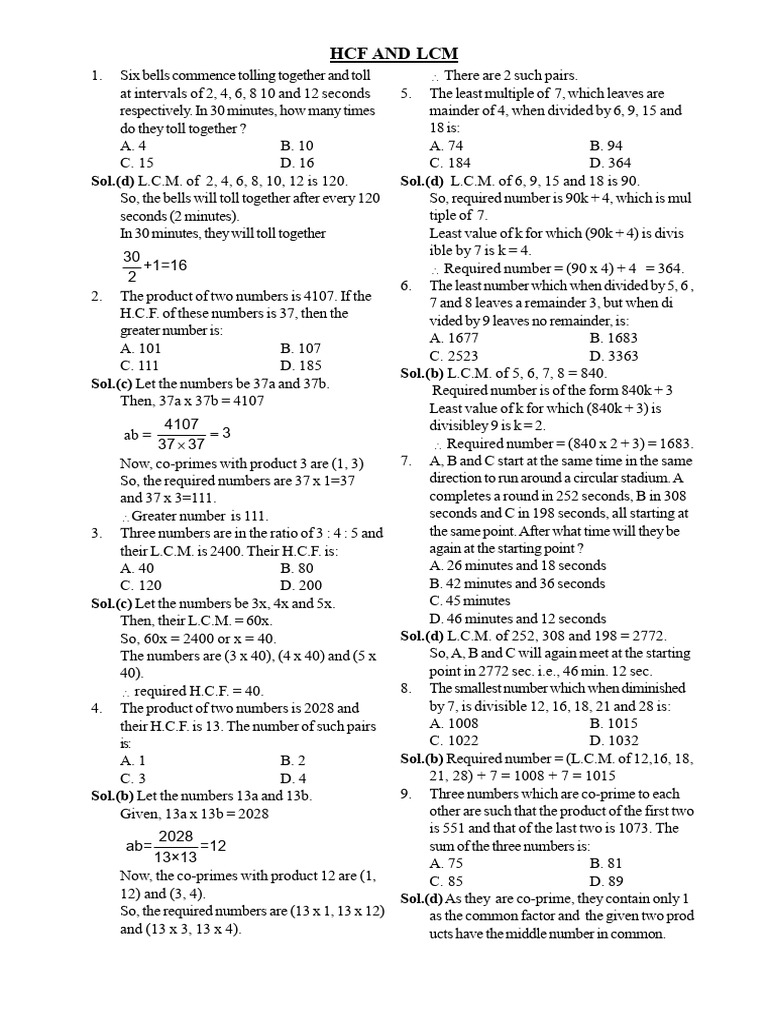 HCF and LCM With Solution | PDF | Abstract Algebra | Numbers