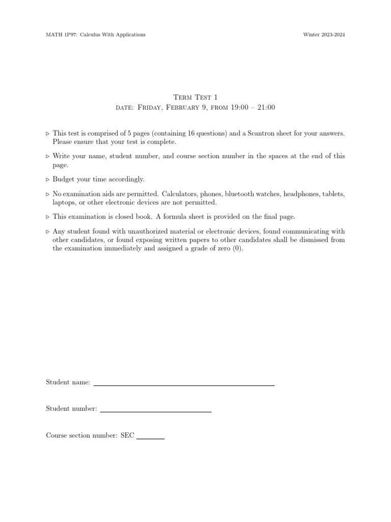 Math1P97 Test 1 Calculus | PDF | Derivative | Function (Mathematics)