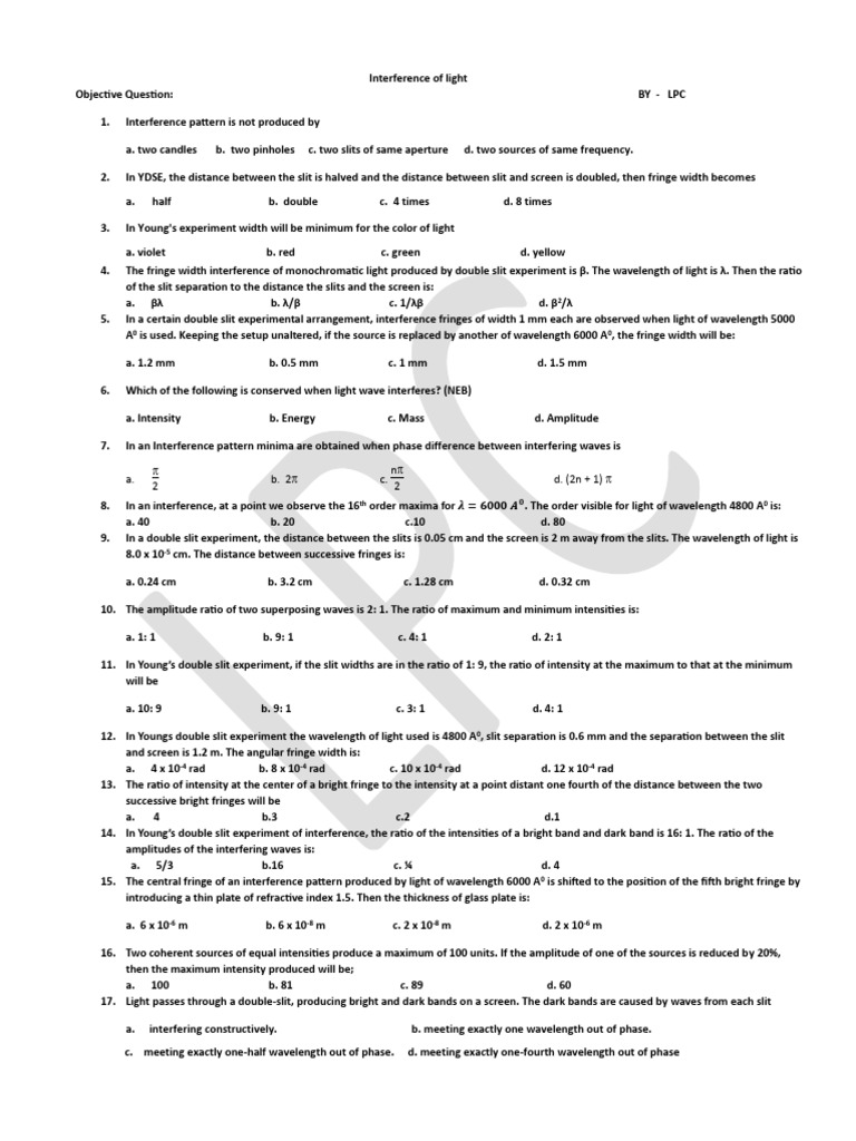 Light Interference: Young's Experiment Questions | PDF | Wavelength | Diffraction