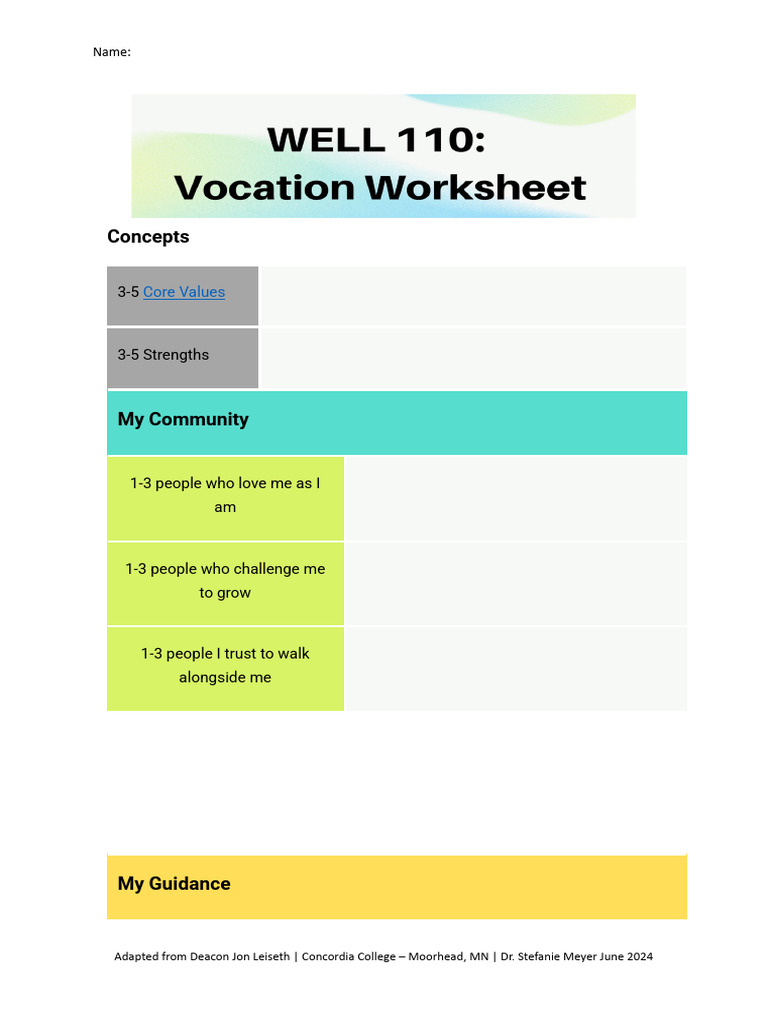 Wellness Class Vocation Worksheet | PDF