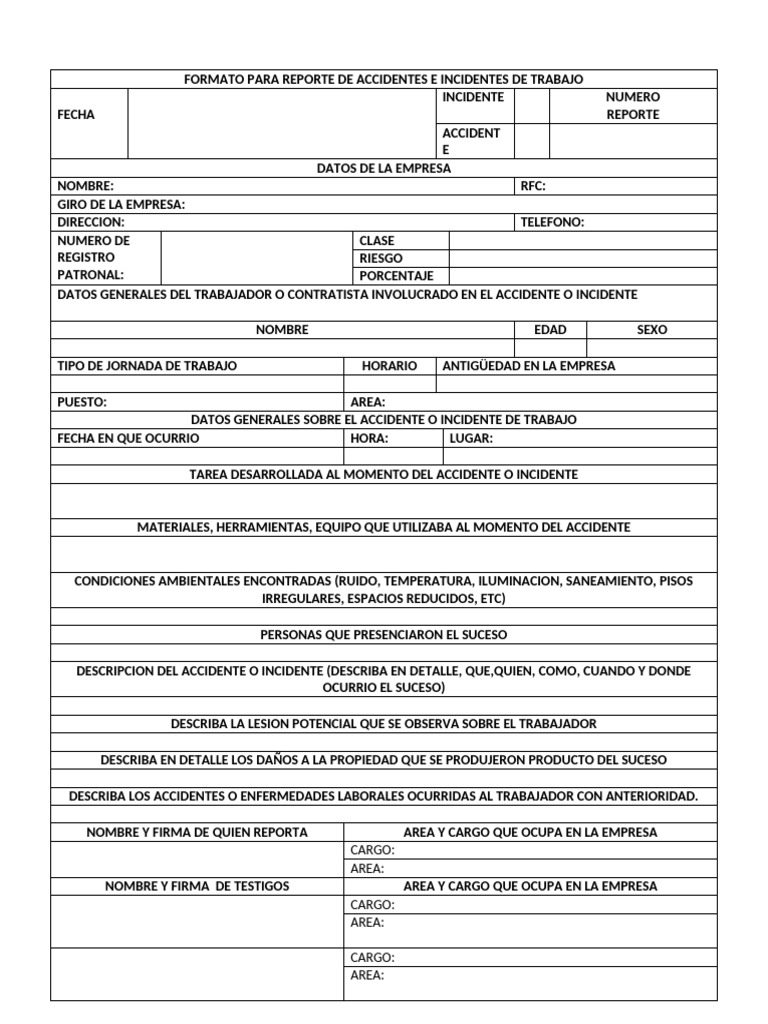Formato de Reporte de Accidentes Laborales | PDF