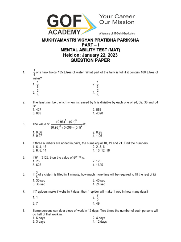MVPP 2023 MAT Questions | PDF | Interest | Area