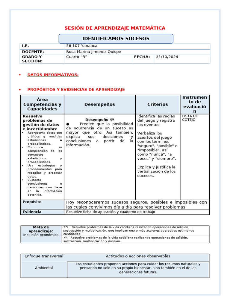 Sesion de Aprendizaje Matematica -31!10!2024 | PDF | Aprendizaje