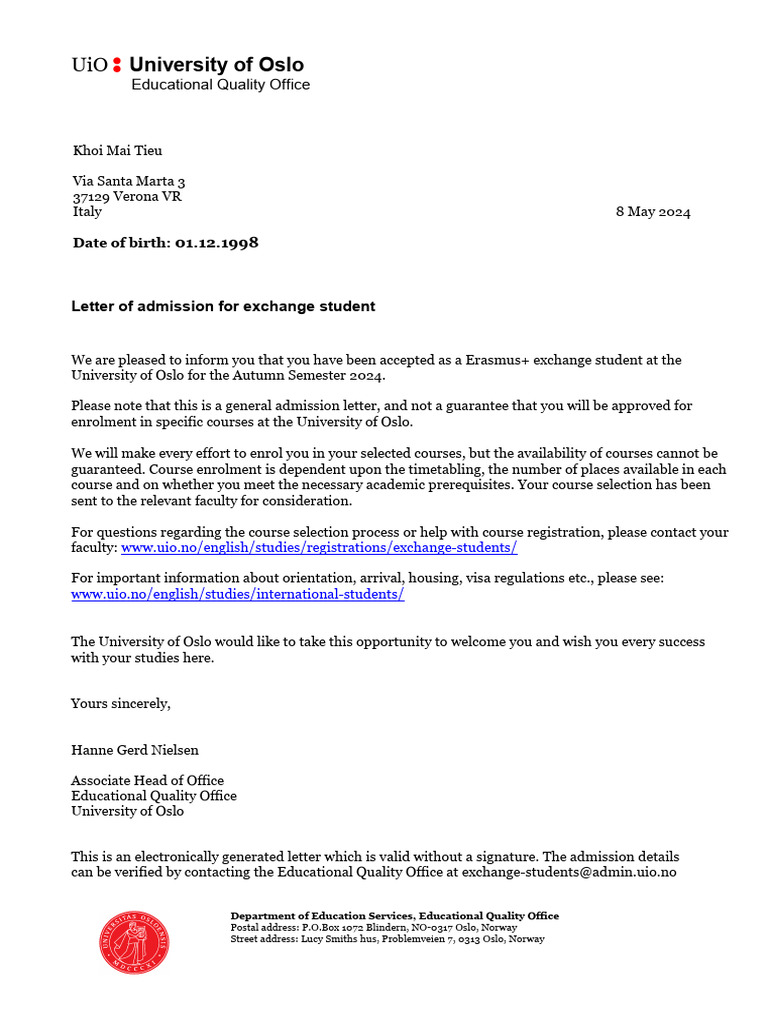 Admission Letter for Erasmus+ Students | PDF | Cultural Globalization