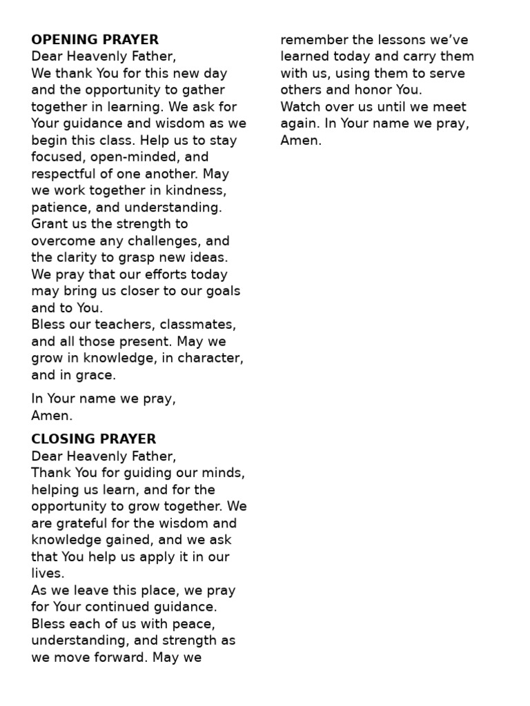 Opening and Closing Prayers for Class | PDF
