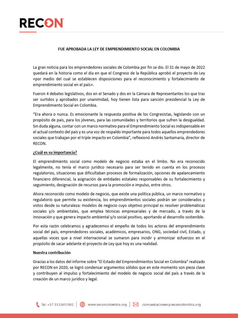 APROBADA LEY DE EMPRENDIMIENTO SOCIAL EN COLOMBIA - Comunicado RECON ...