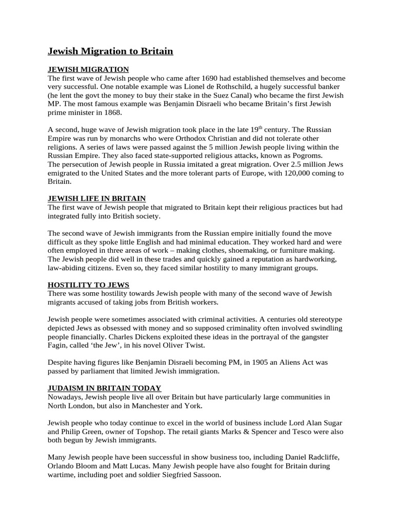 Jewish Migration To Britain | PDF | Jews | United Kingdom