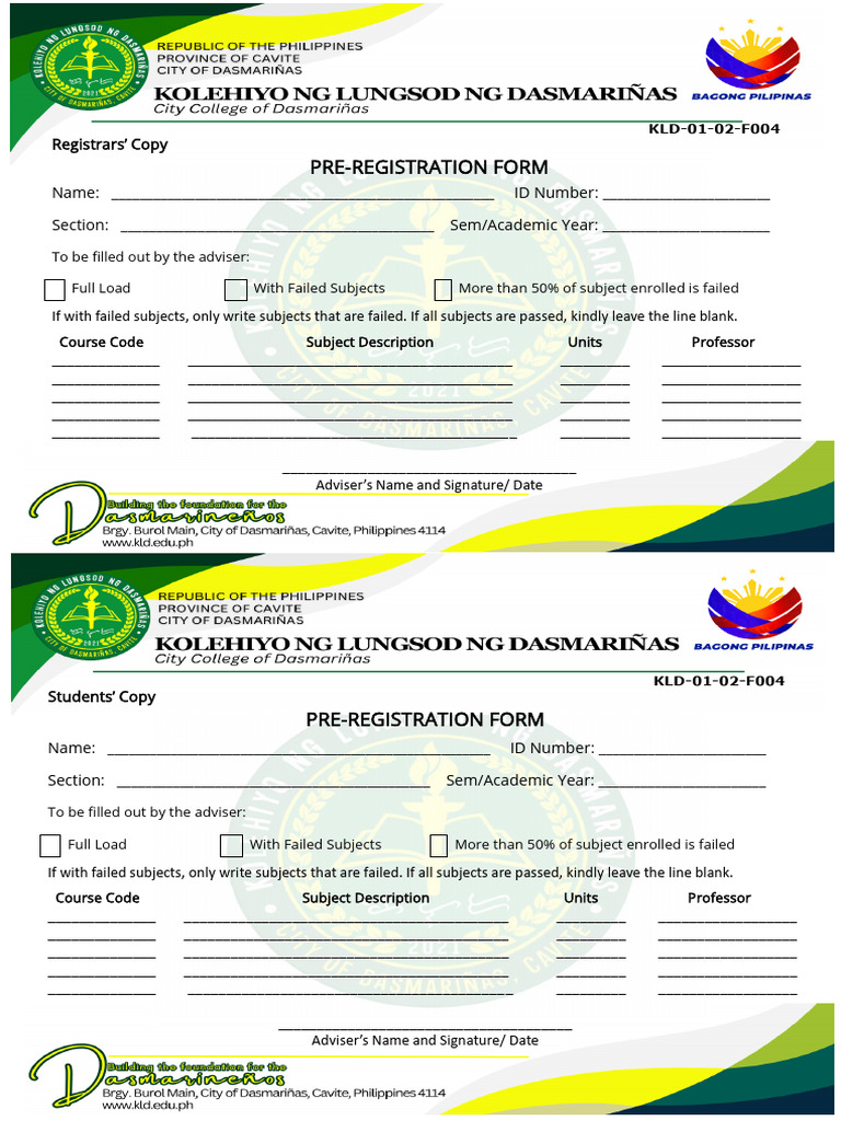 KLD Pre-Registration Form 2025 | PDF