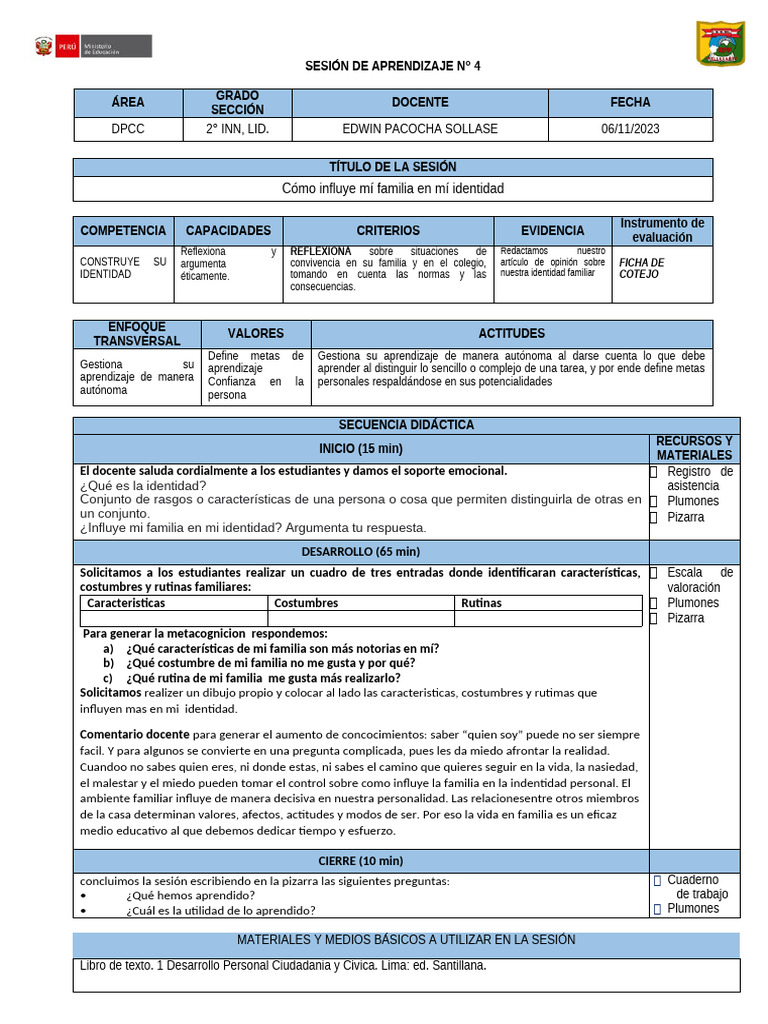 Sesion de Aprendizaje 7 - DPCC 2° - #4 | PDF | Aprendizaje | Evaluación