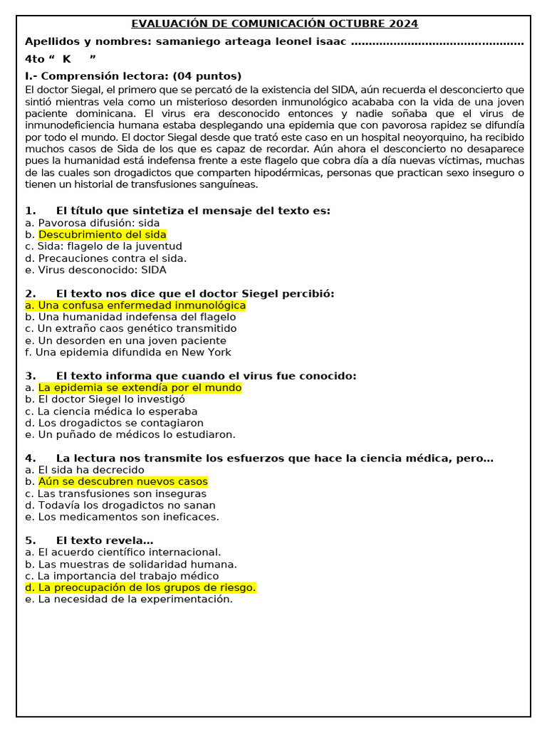 Evaluación De Comunicación Octubre 2024 2 Pdf Lingüística