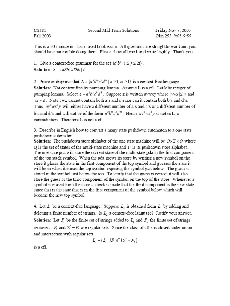 Second Midterm Solutions | PDF | Theoretical Computer Science | Grammar