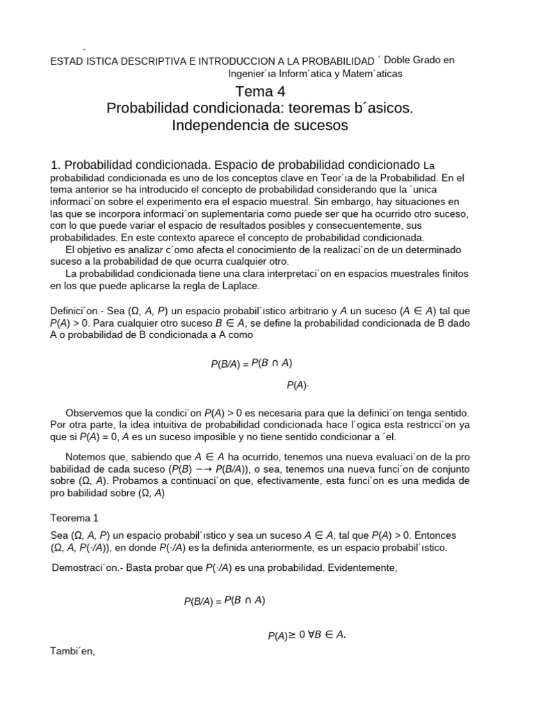 Probabilidad Condicionada y Teoremas Básicos | PDF | Probabilidad | Teoría de probabilidad