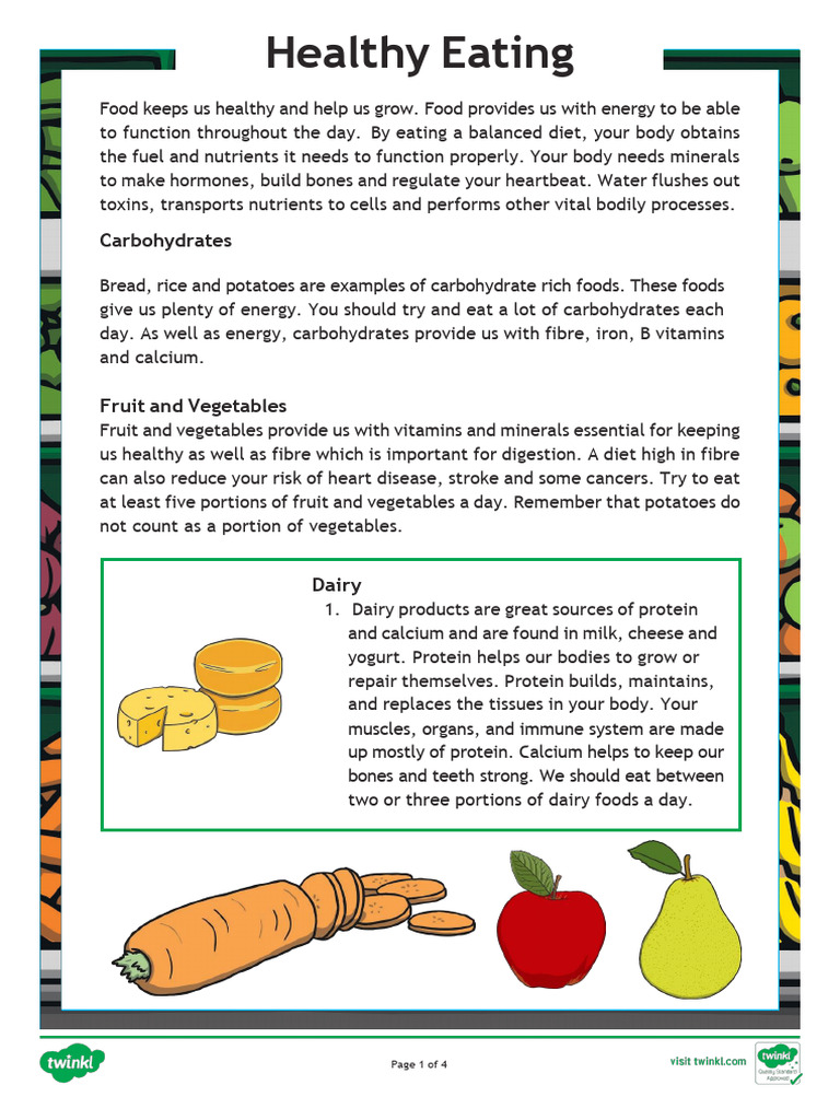 Healthy Eating Reading Comprehension Homework | PDF | Foods | Healthy Diet