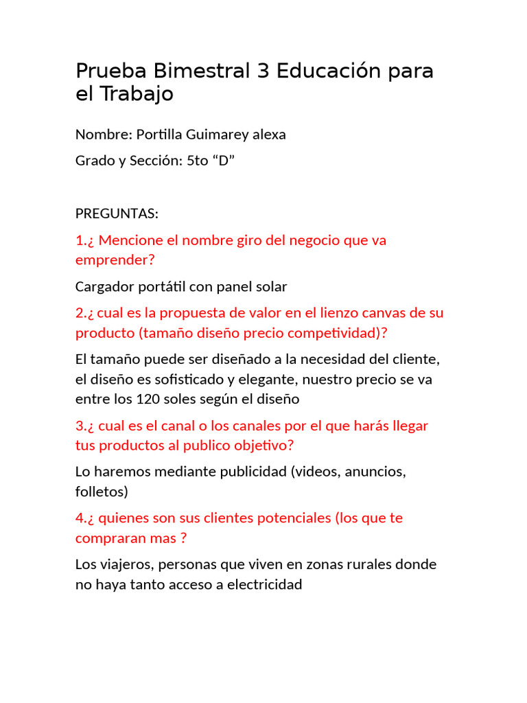 Prueba Bimestral 3 Educación para El Trabajo ENMI | PDF