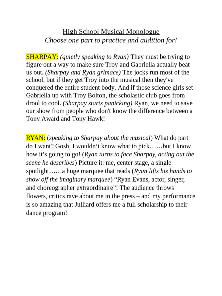 High School Musical Monologue | PDF