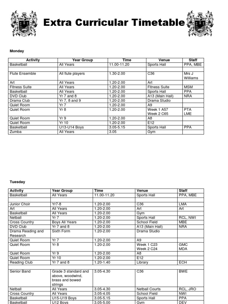 Extra Curricular Timetable | PDF | Musical Instruments | Leisure