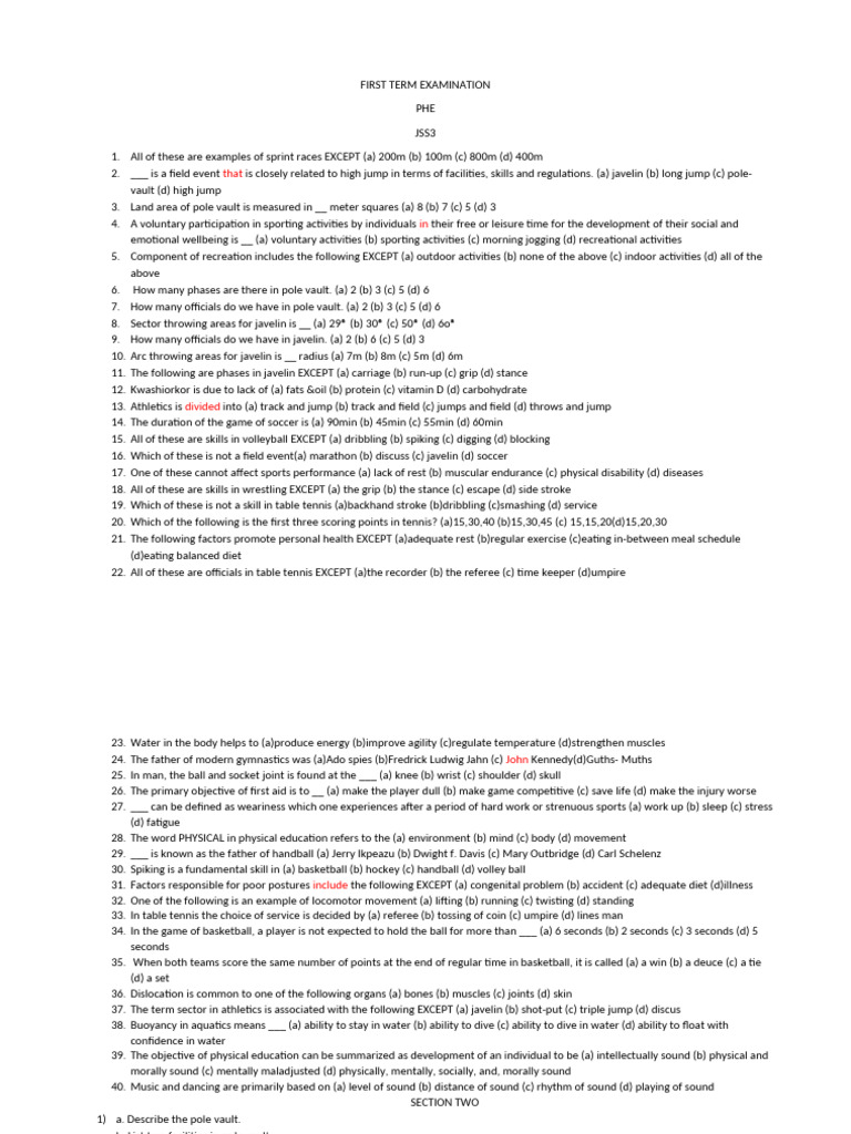 Jss-3-Phe and Maths Exam First Term 2024 | PDF | Track And Field | Physical Fitness