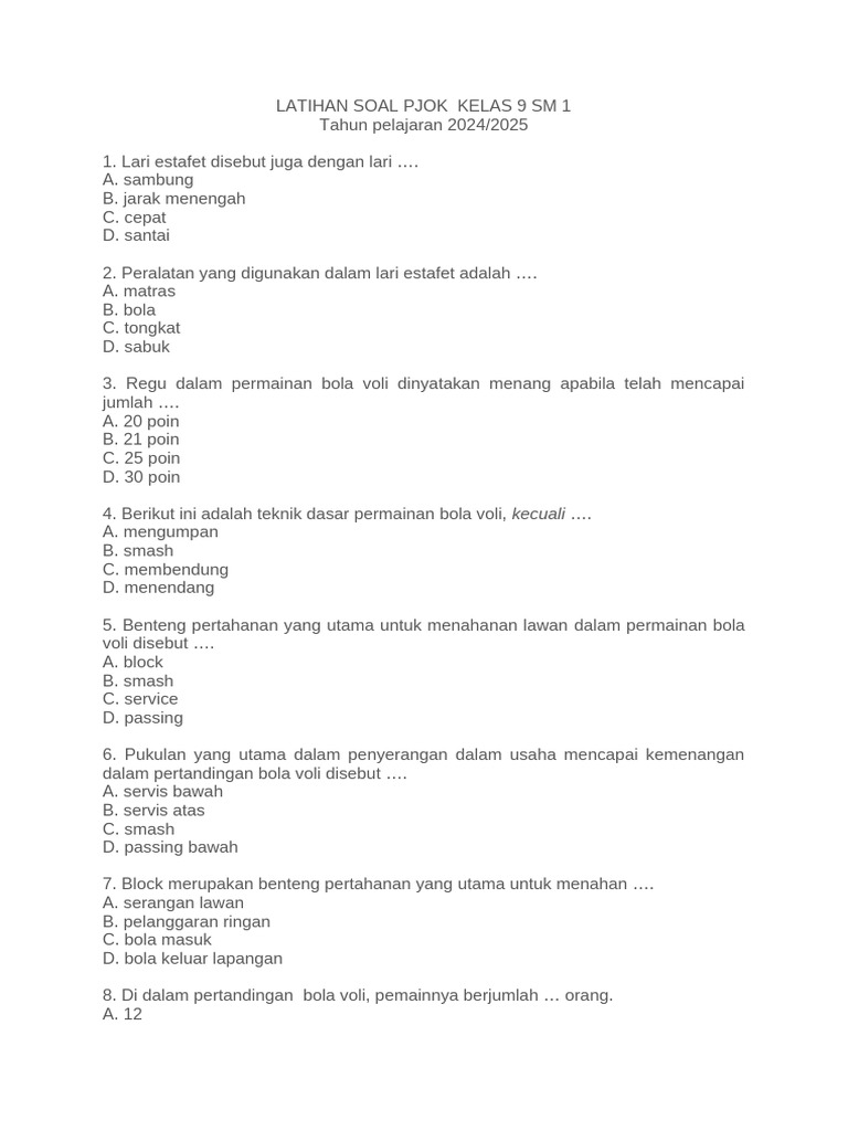 Soal PJOK Kelas 9 Semester 1 | PDF