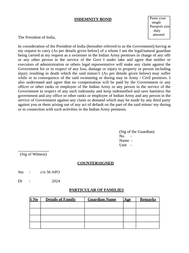 Indemnity Bond for Army Swimming Pool | PDF | Indemnity | Common Law