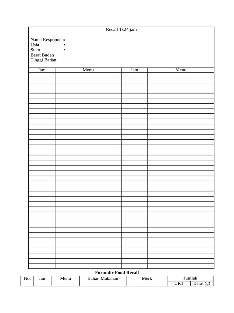 Formulir Food Recall 24jam | PDF