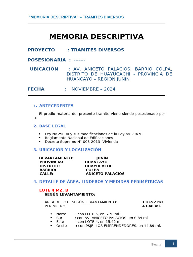 MEMORIA DESCRIPTIVA Lote 4 MZ B | PDF