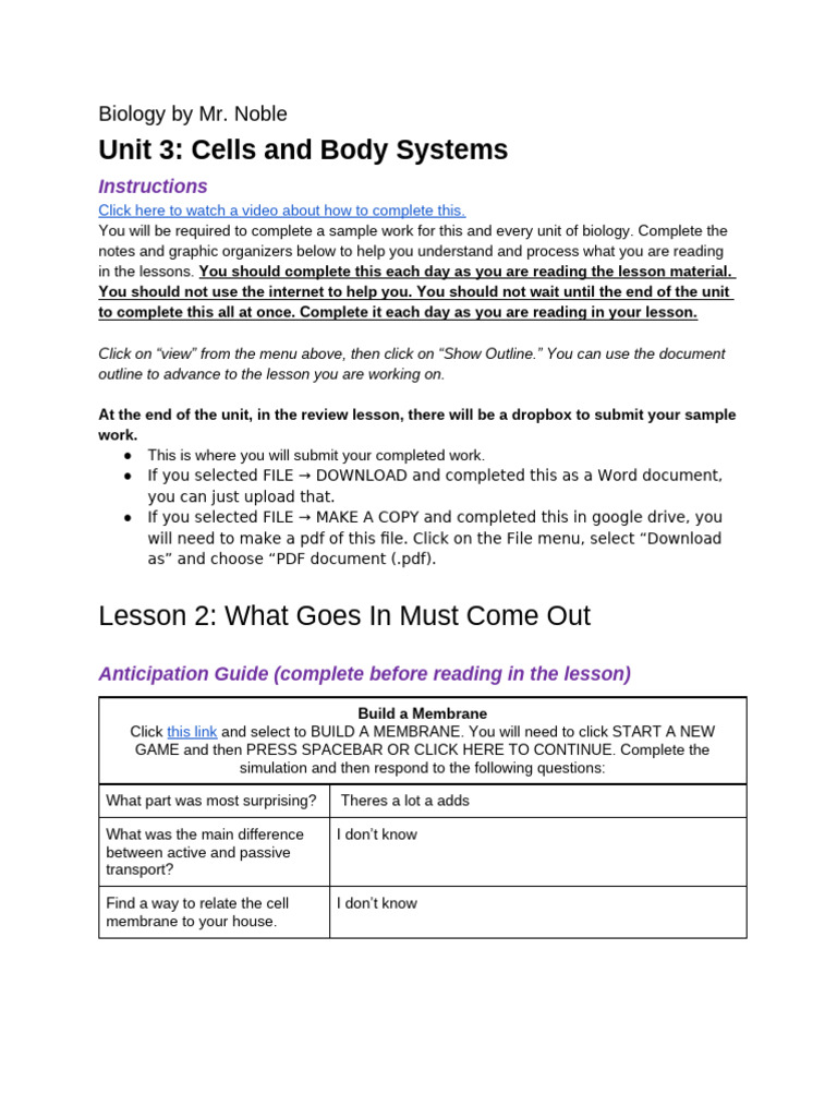 Biology A U3 Sample Work | PDF | Cell (Biology) | Human Body