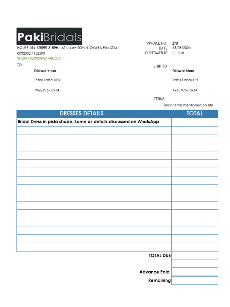 Bridal Dress Invoice for Dilawar Khan | PDF