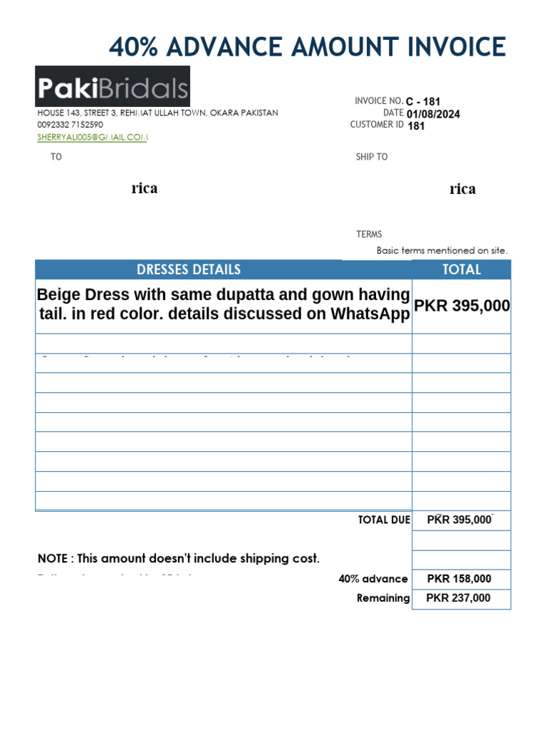 Bridal Dress Advance Invoice | PDF