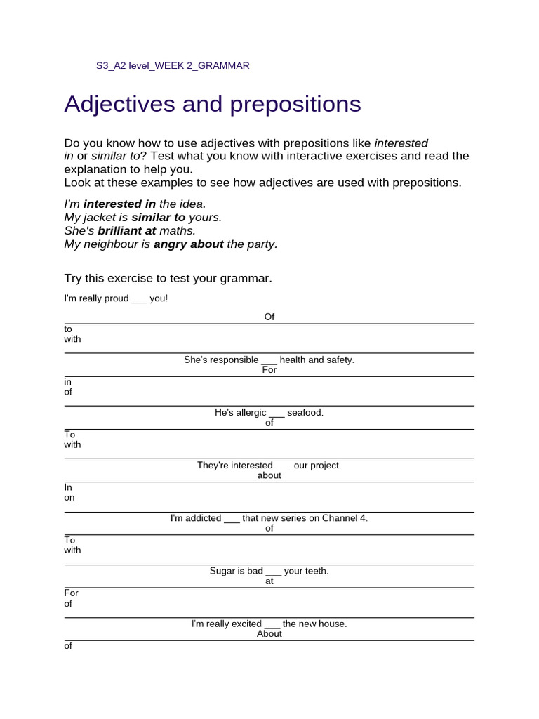 S3_A2 level_WEEK 2_GRAMMAR | PDF | Preposition And Postposition | Adjective