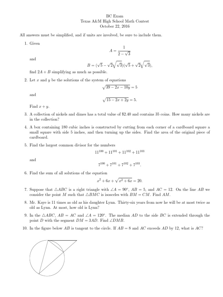 bcExam | PDF | Circle | Euclidean Geometry