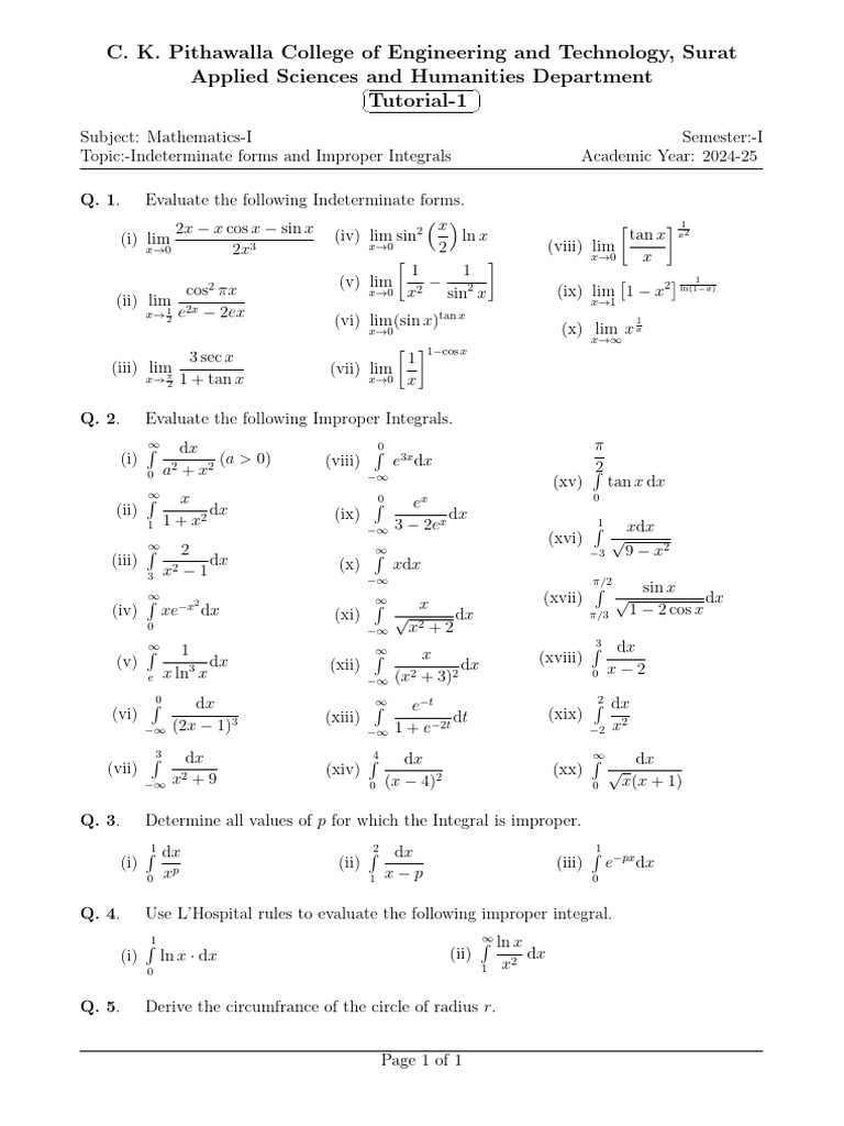 Tutorial-1 (Mathematics-I New) | PDF | Mathematical Analysis