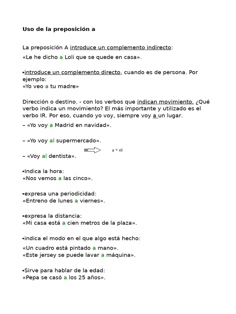 Uso y funciones de la preposición "a" | PDF