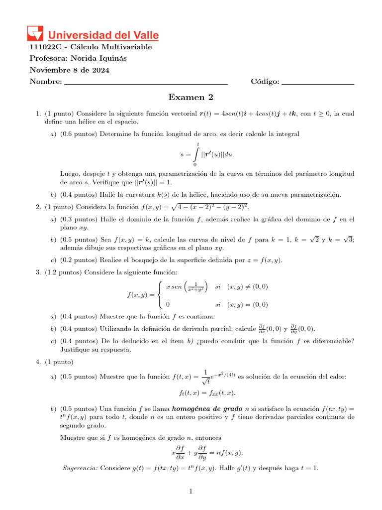 Examen2 CalculoMultivariable | PDF | Curva | Degradado