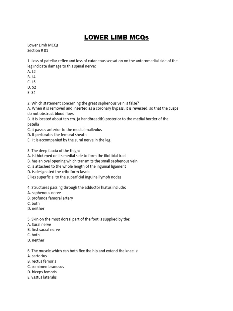 LOWER LIMB MCQs | PDF | Human Leg | Foot